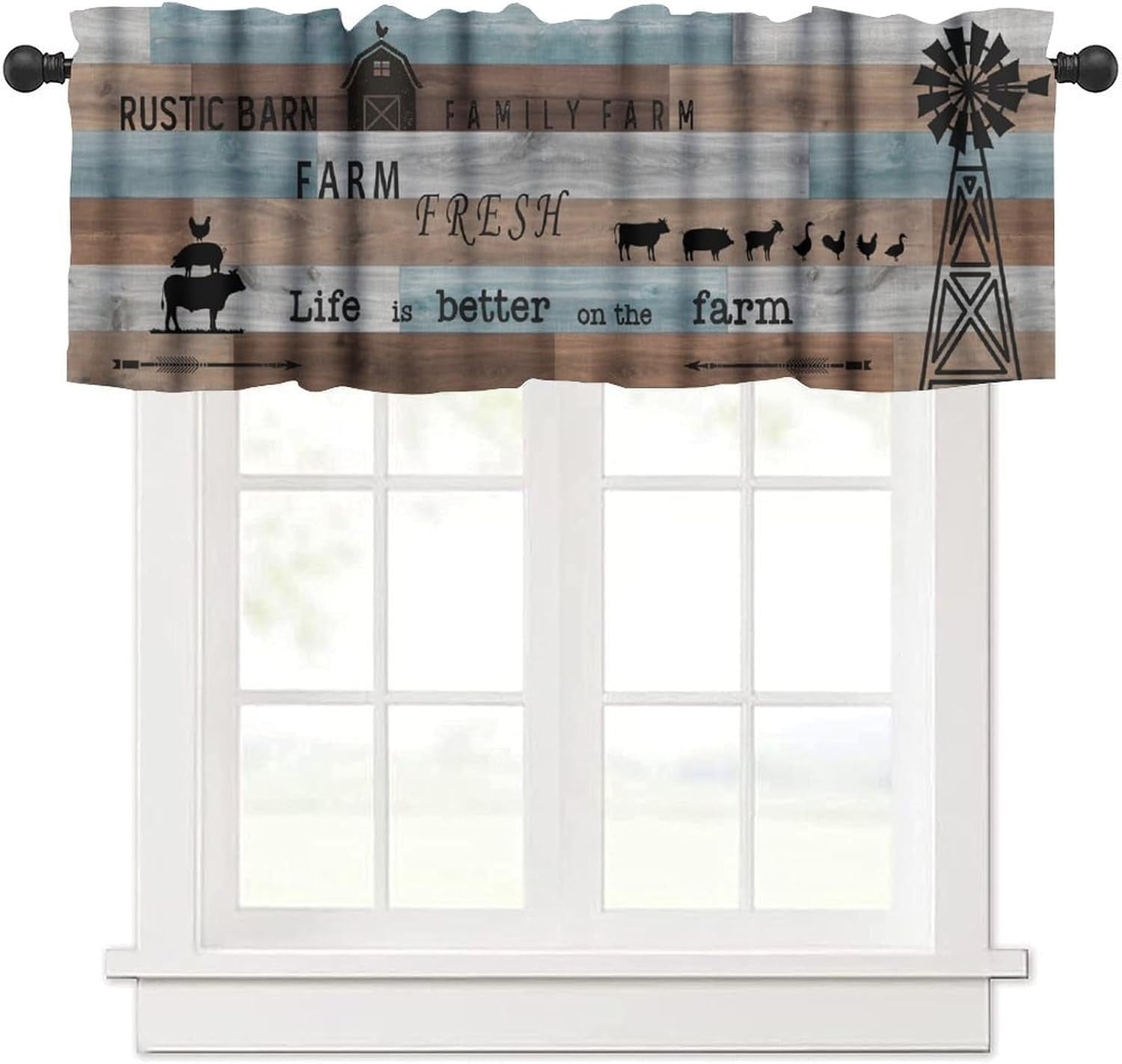 Farm Animal Kitchen Valance, Rooster Chicken Hen Black White Buffalo ...