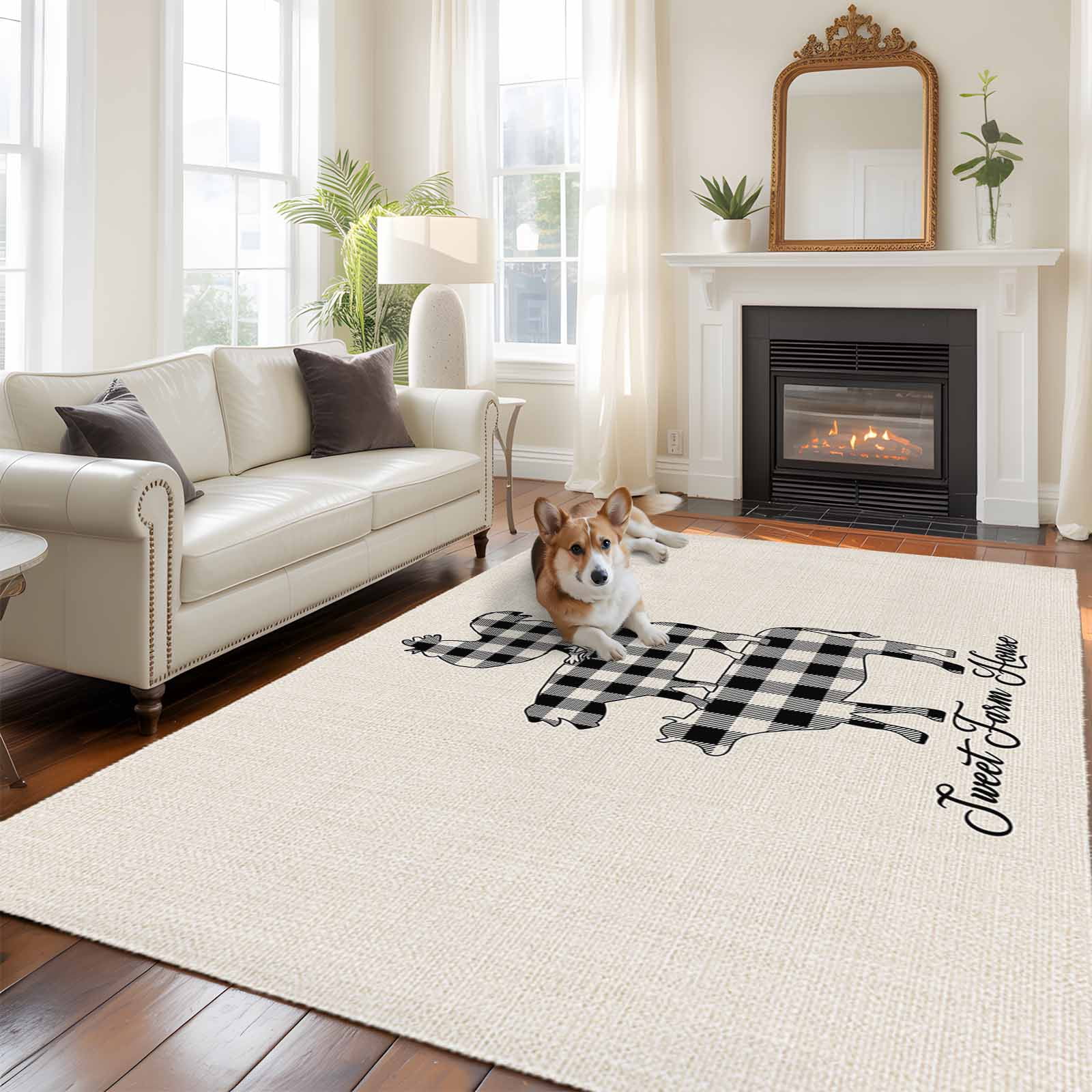 Farm Animal Large Area Rugs 6x9 ft Buffalo Plaid Cow Pig Chicken Burlap ...