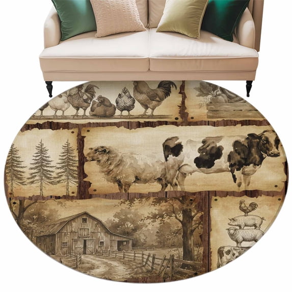Farm Animal Large Round Rug 8Ft Retro Chicken Cow Sheep Pig Pine Trees ...