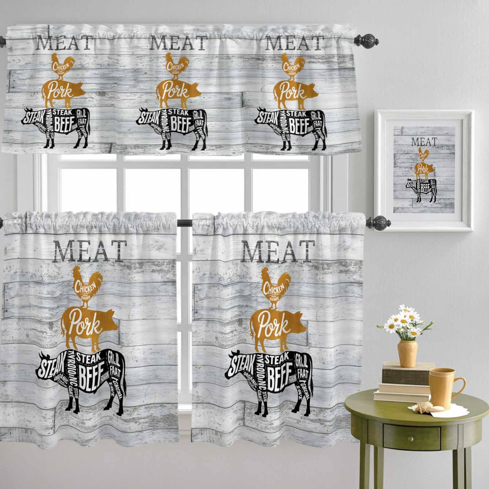 Farm Animal Meat Curtain Tier and Valance Set 3 Piece, Vintage Chicken ...