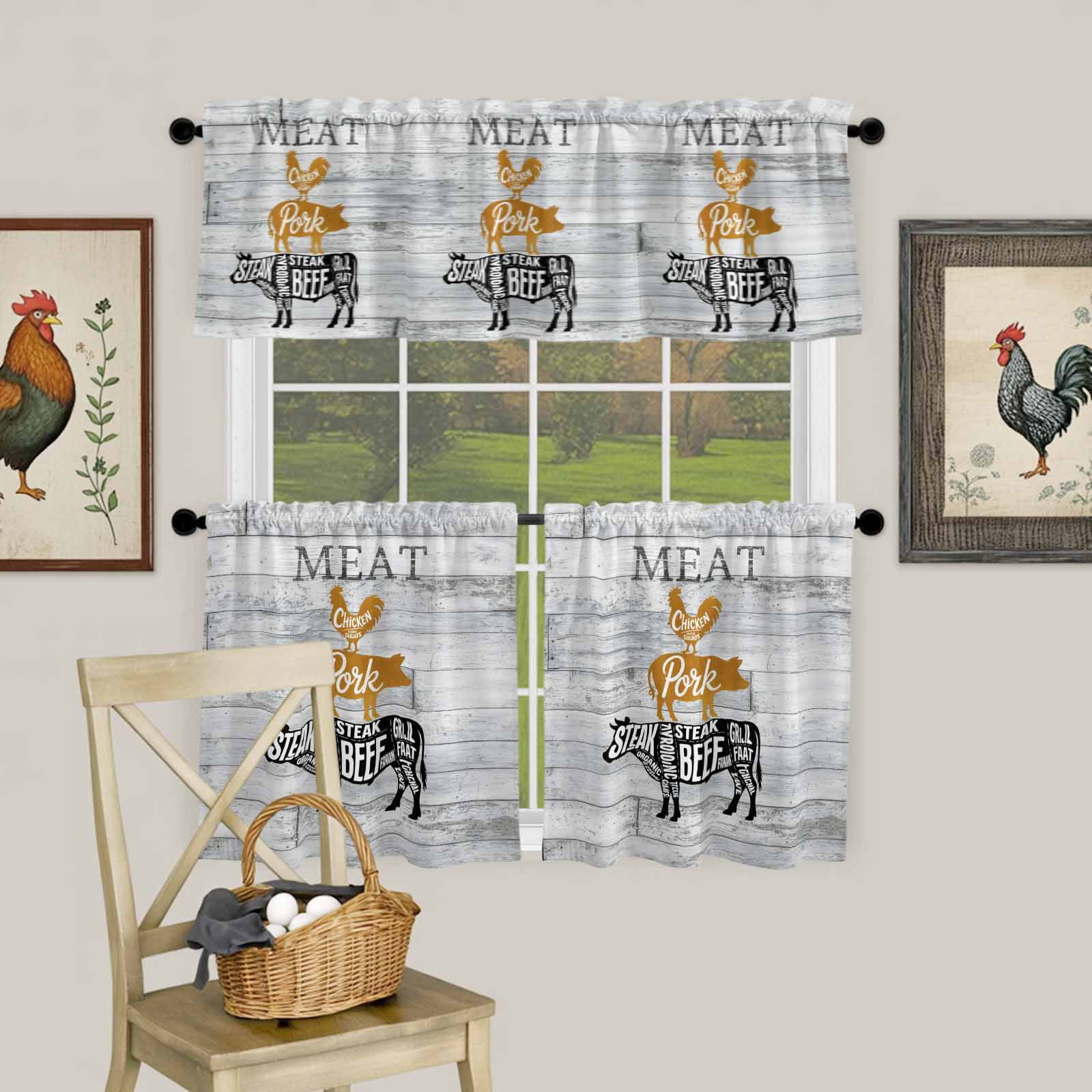 Farm Animal Meat Curtain Tier and Valance Set 3 Piece, Vintage Chicken ...
