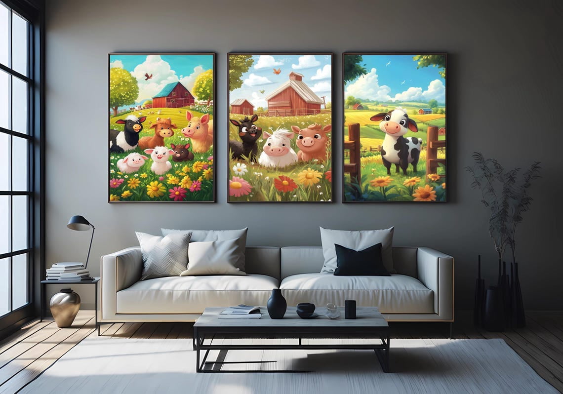 Farm Animal Nursery Pastel Room Art Set 3 Unframed Paper Print 20x30 ...