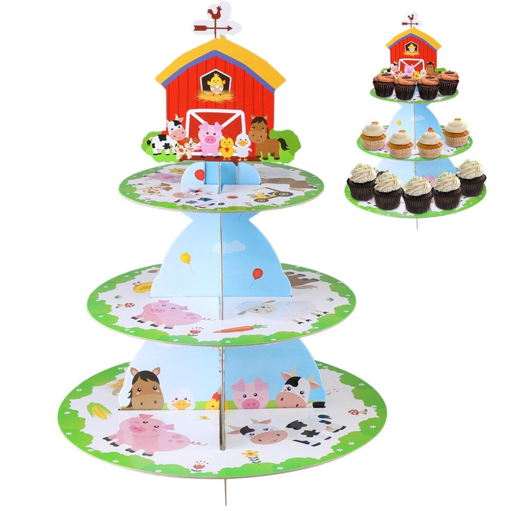 Farm Animal Party Cupcake Stand, 3-Tier Cardboard Cake Holder, Farm ...