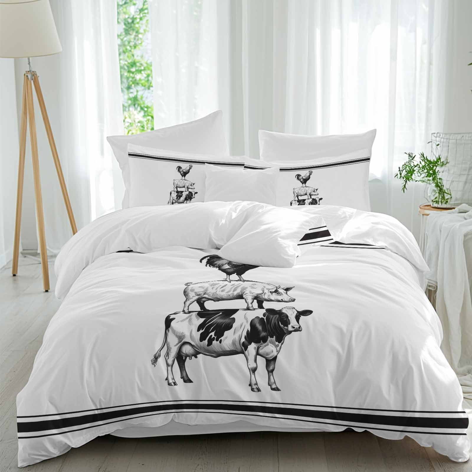 Farm Animal Pattern Rooster Pig Cow California King Size Bed Set,Black ...