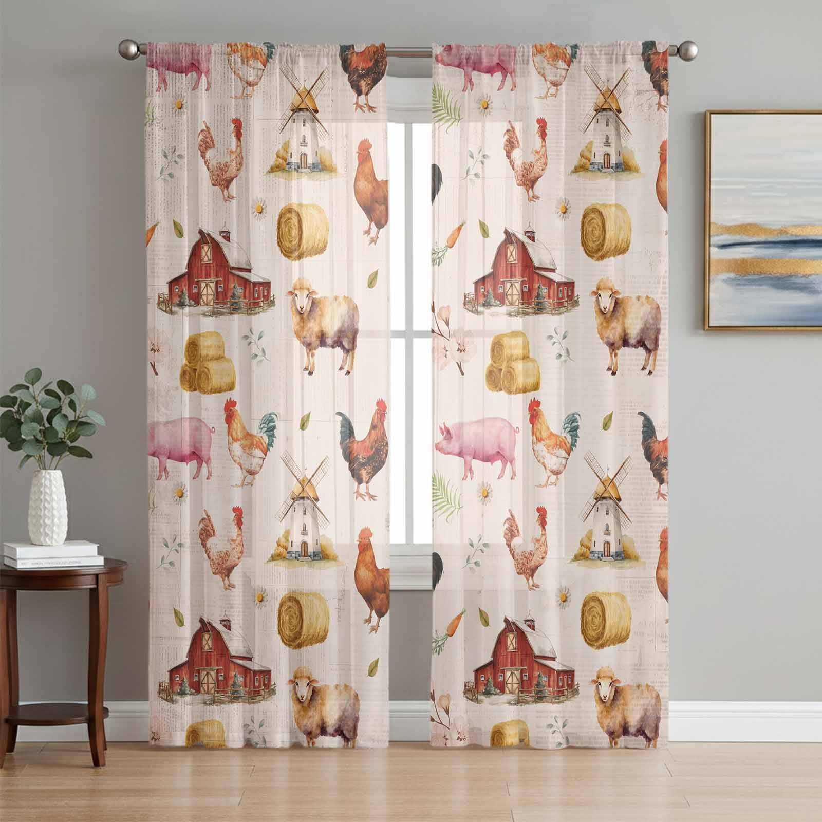 Farm Animal Pattern Sheer Curtains for Living Bedroom, Farmhouse Red ...