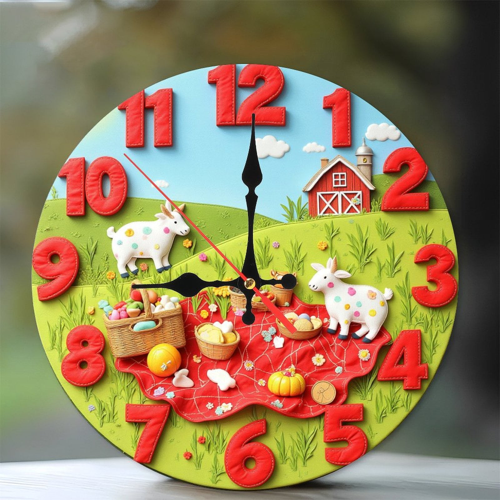Farm Animal Picnic Clock Wall Decor 10-Inch Silent Wooden Wall Clock ...