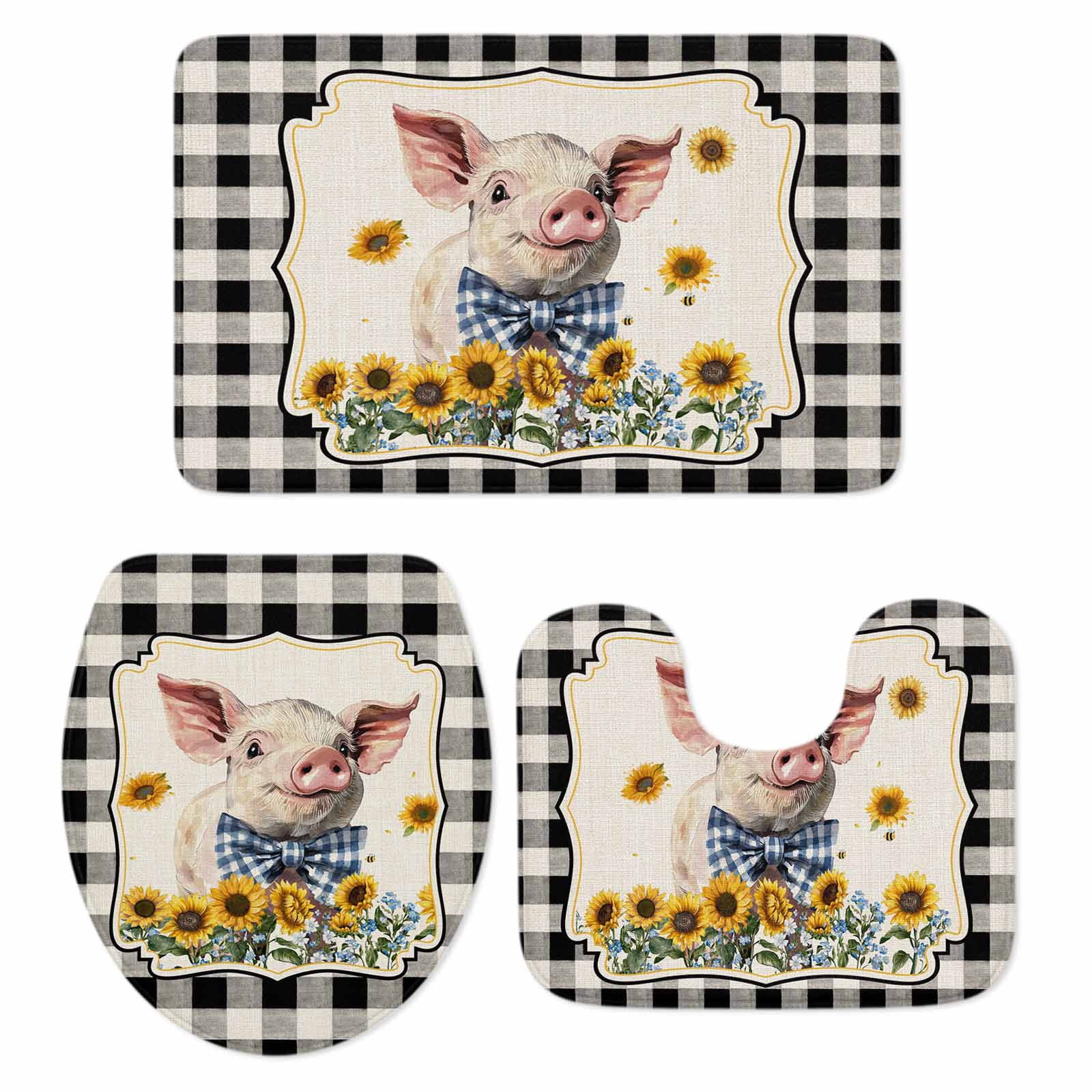 Farm Animal Pig Bathroom Rugs Set Retro Black Plaid Sunflower Floral ...