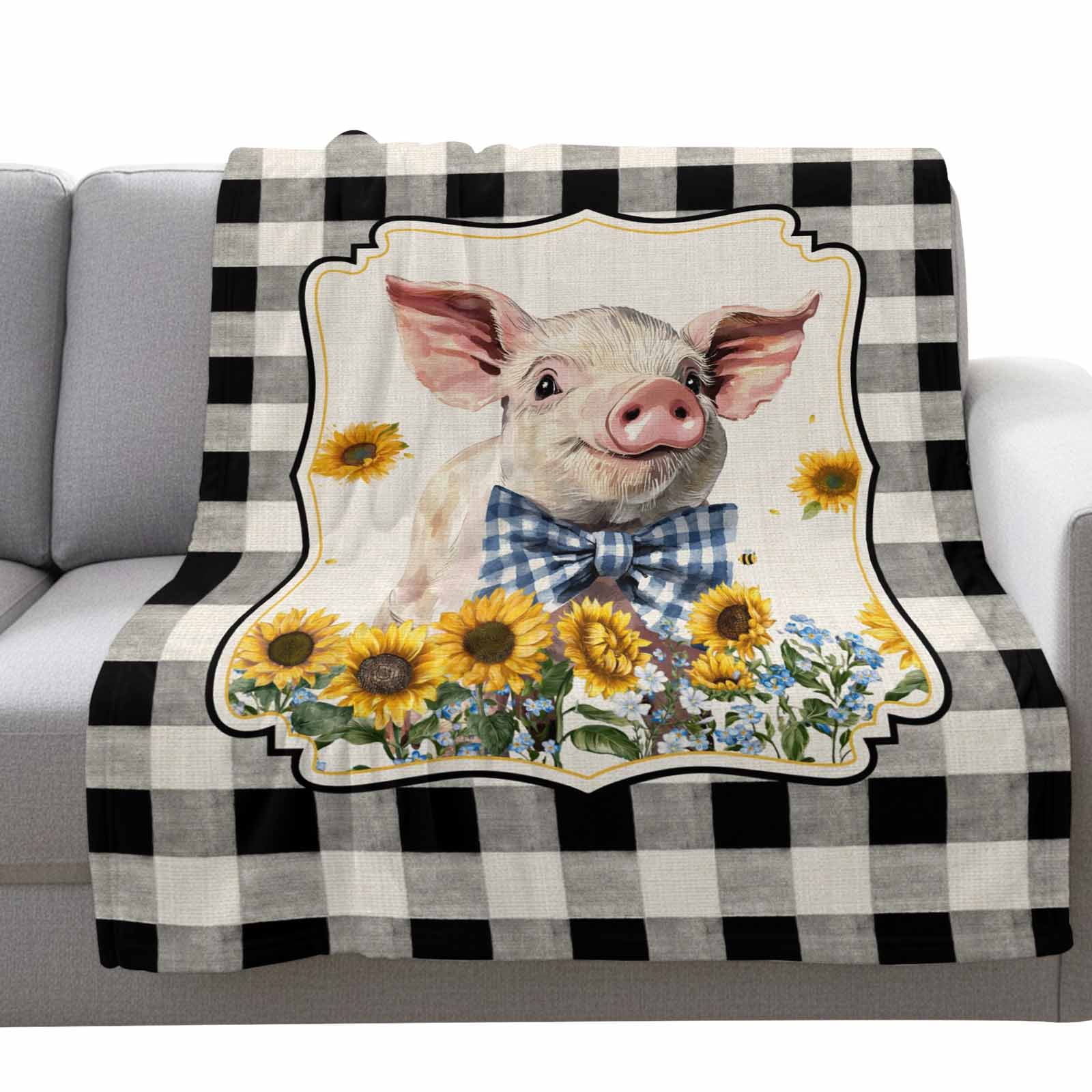 Farm Animal Pig Fleece Throw Blanket Lightweight Retro Black Plaid ...
