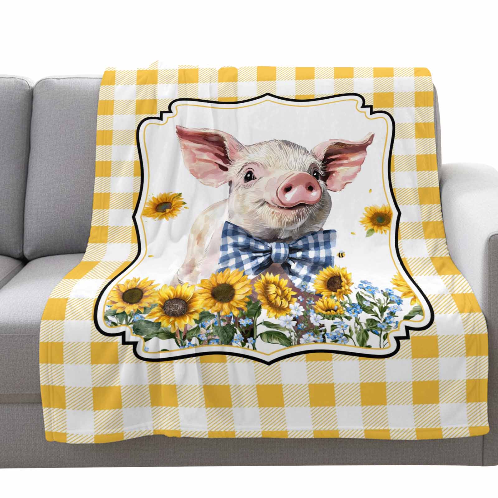 Farm Animal Pig Fleece Throw Blanket Lightweight Yellow Plaid Sunflower ...