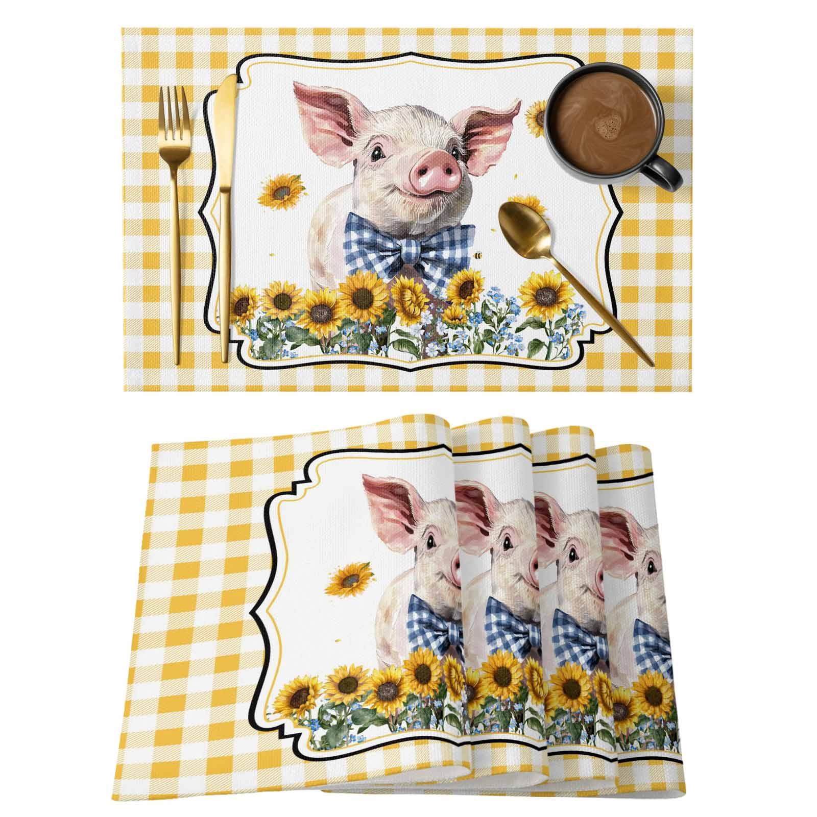 Farm Animal Pig Placemats Set of 6, Retro Yellow Plaid Sunflower Floral ...