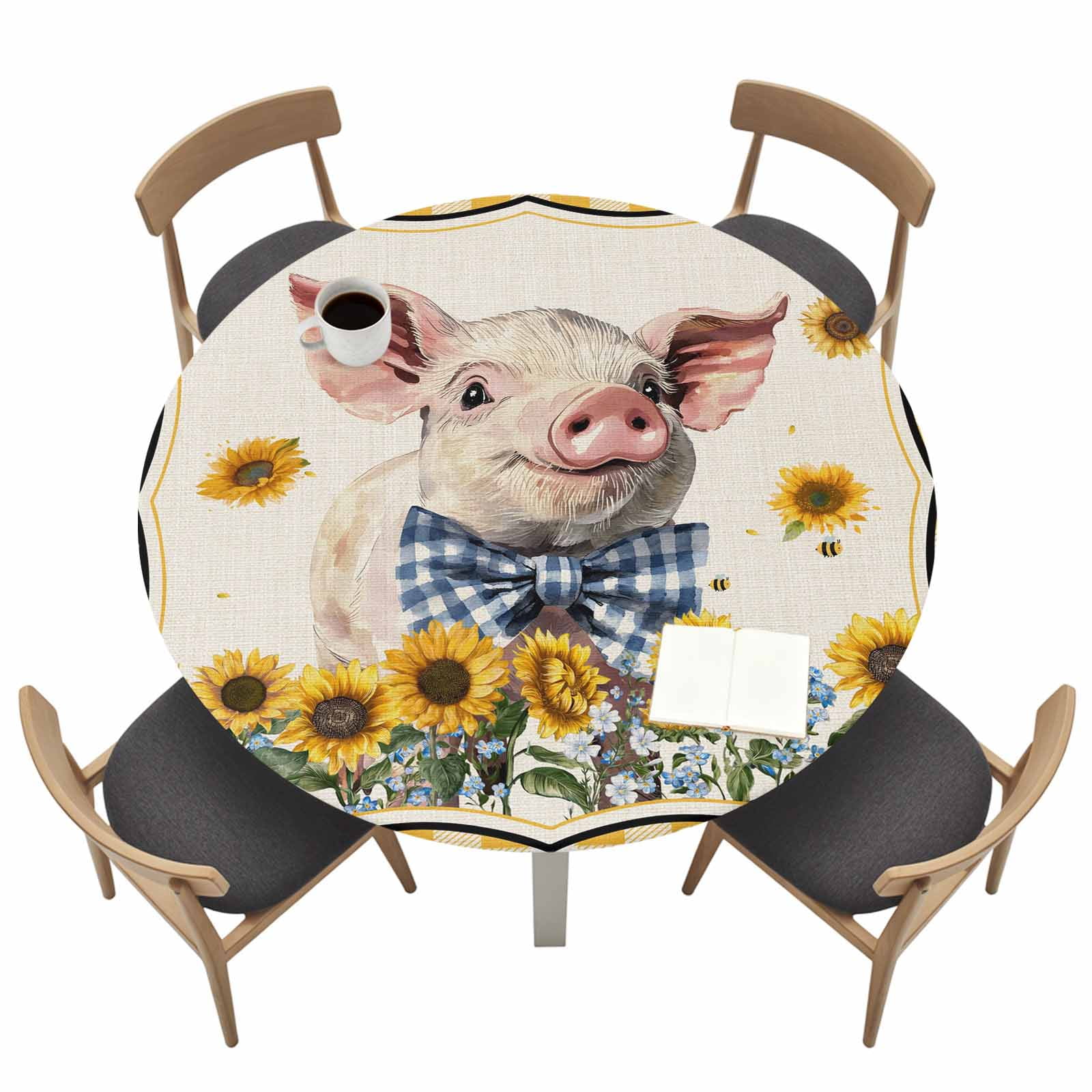 Farm Animal Pig Round Fitted Tablecloth with Elastic Edge Retro Yellow ...