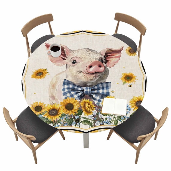 Farm Animal Pig Round Fitted Tablecloth with Elastic Edge Retro Yellow ...