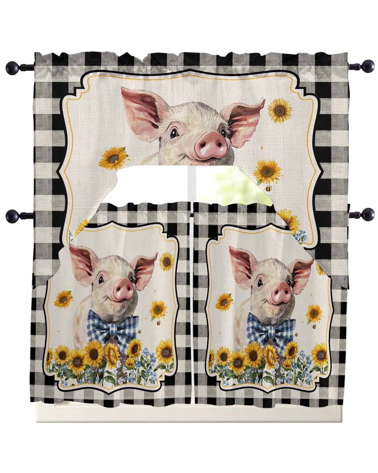 Farm Animal Pig Swag Valance for Window, 3 Piece Retro Black Plaid ...