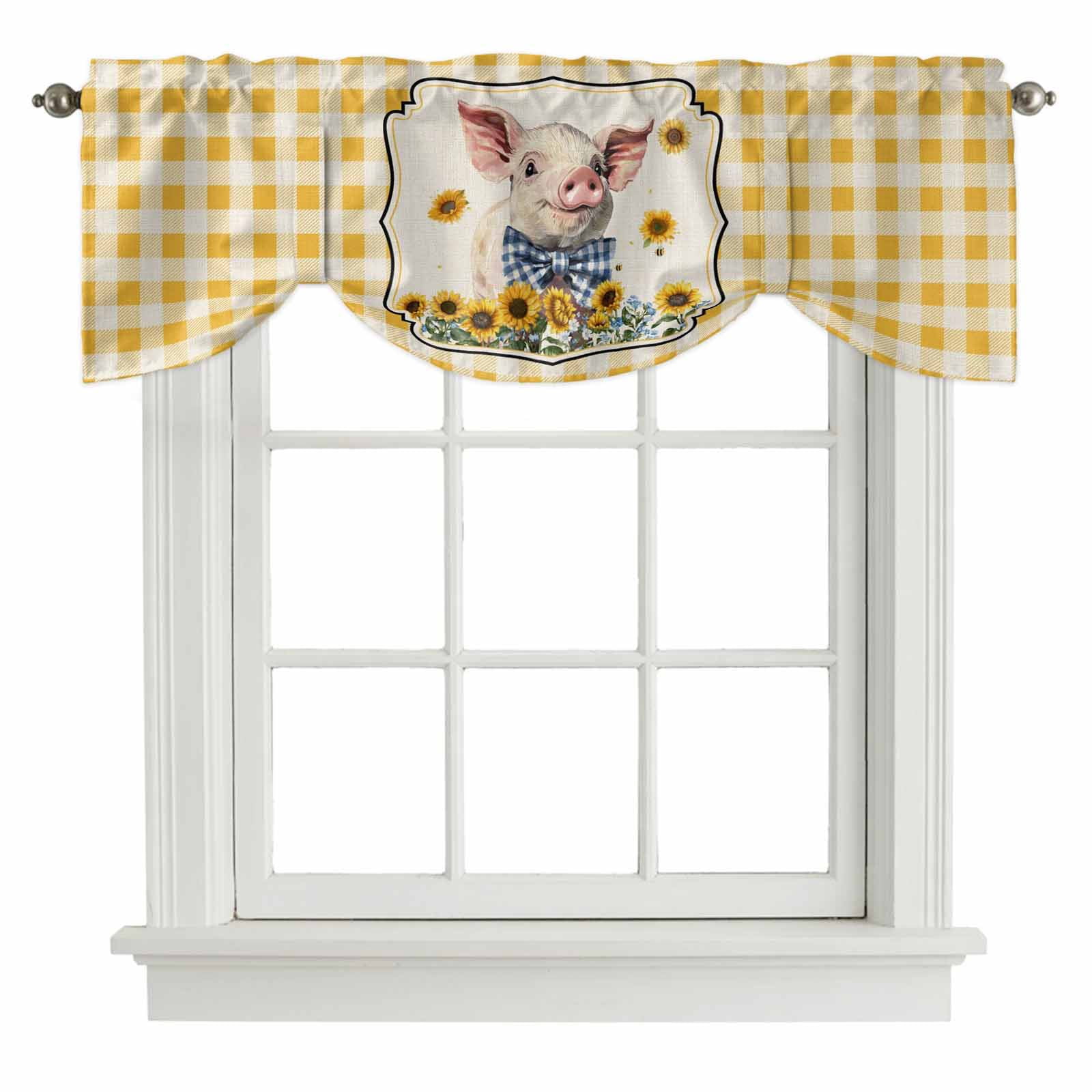 Farm Animal Pig Tie Up Valance Curtains Retro Yellow Plaid Sunflower ...
