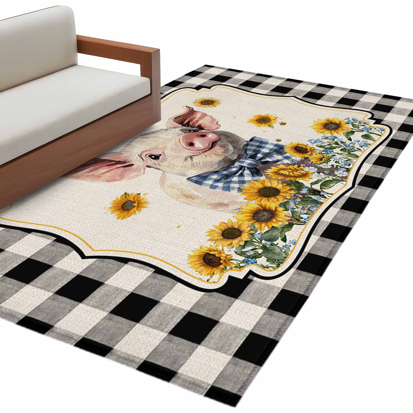 Farm Animal Pig Washable Area Rug 4 x 6 ft Retro Black Plaid Sunflower ...