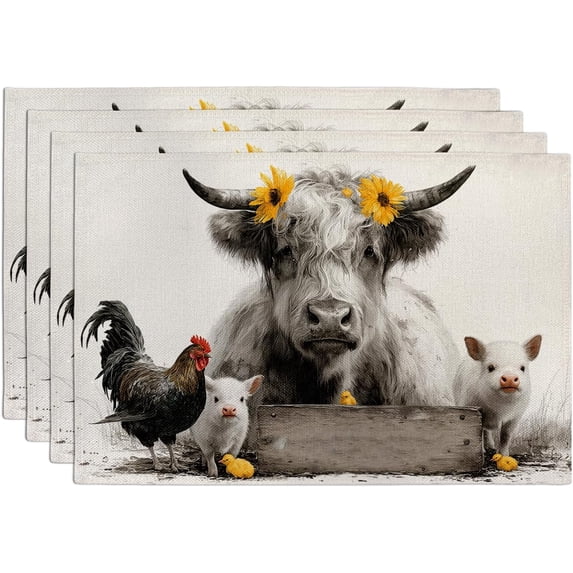 Farm Animal Placemats with Cute Cow, Pig, and Chicken Design, Grey ...
