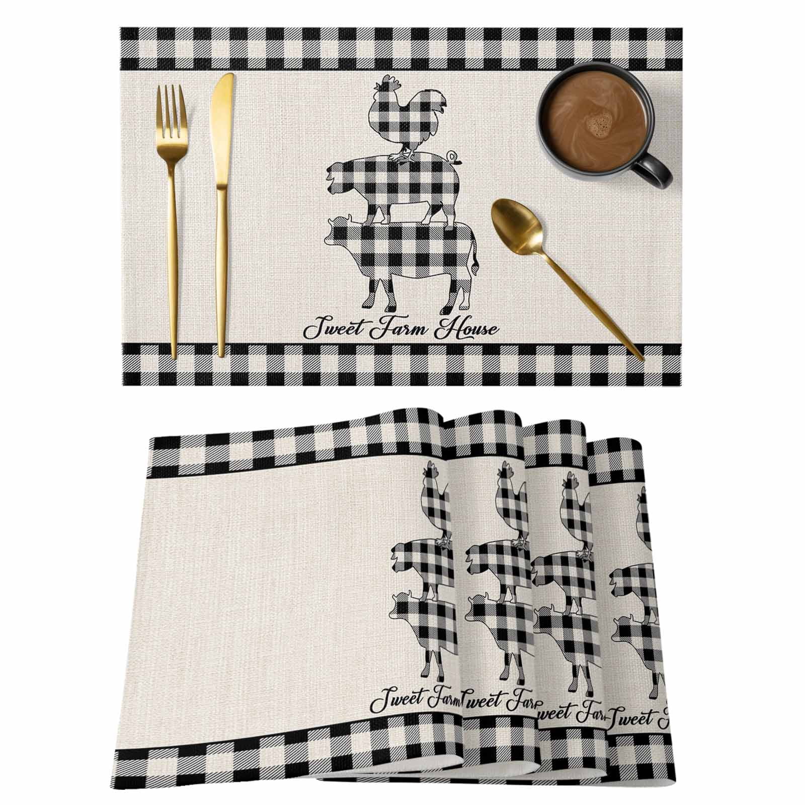 Farm Animal Placemats Set of 4, Buffalo Plaid Cow Pig Chicken Burlap ...