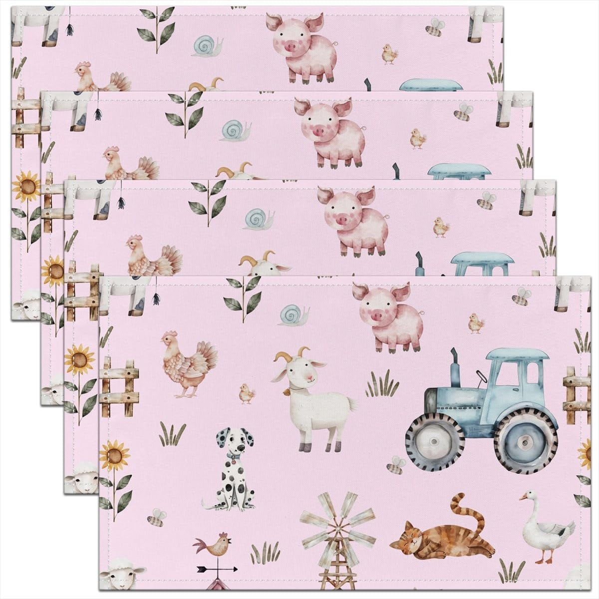 Farm Animal Placemats Set of 4 Cartoon Animals Sheep Dog Pig Print ...