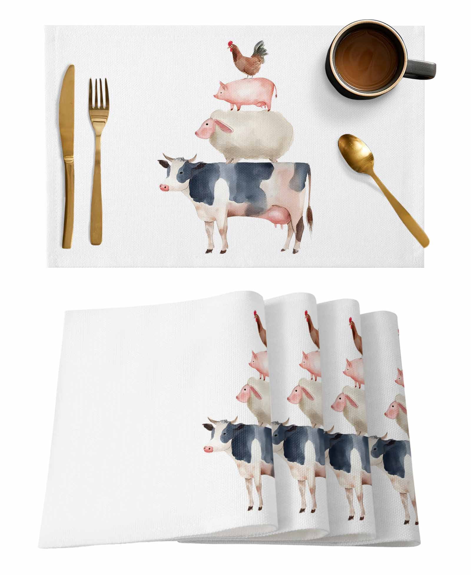 Farm Animal Placemats Set of 6 Cow Pig Sheep Chicken Heat Insulation ...