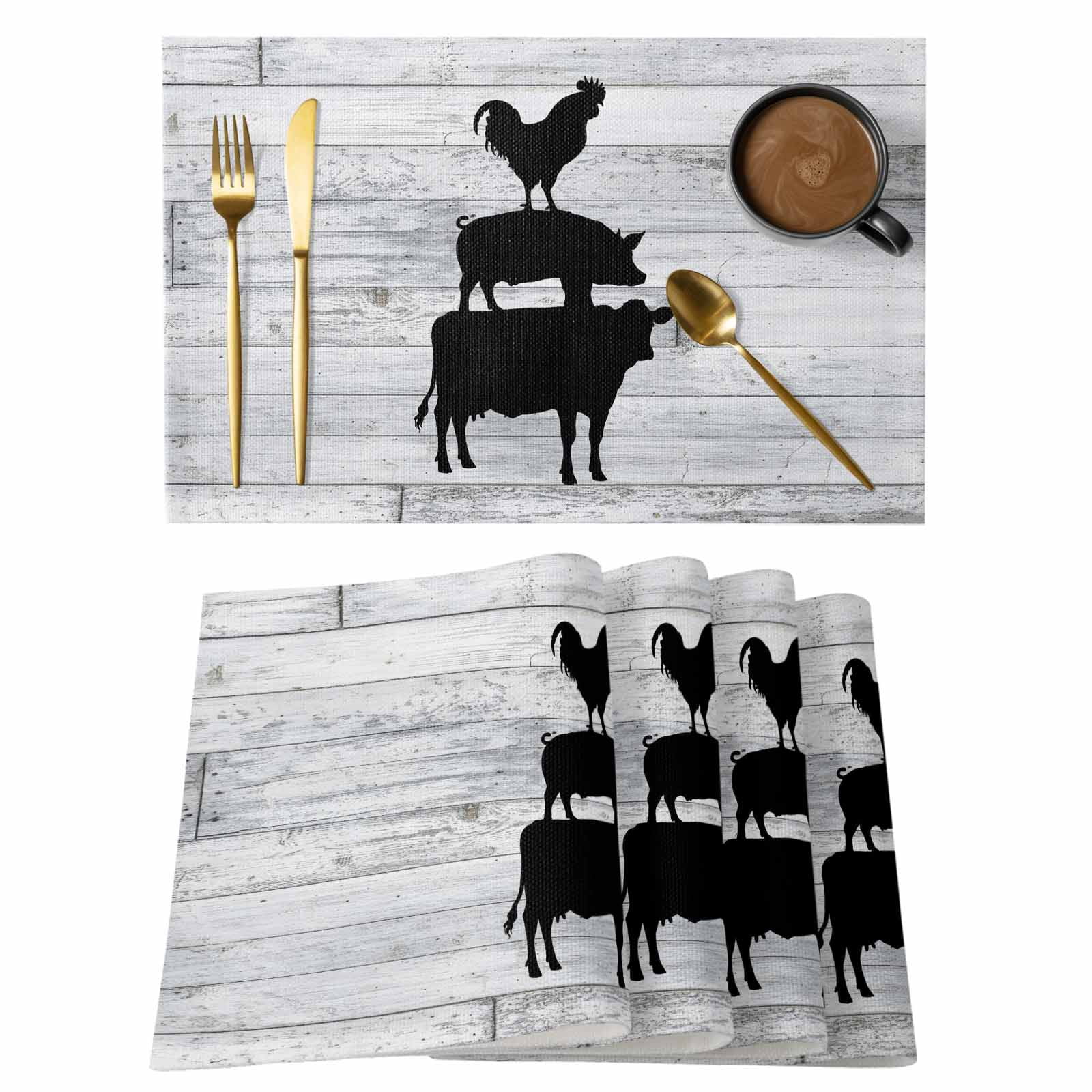 Farm Animal Placemats Set of 8, Chicken Pig Cow Farmhouse Teal Wood ...