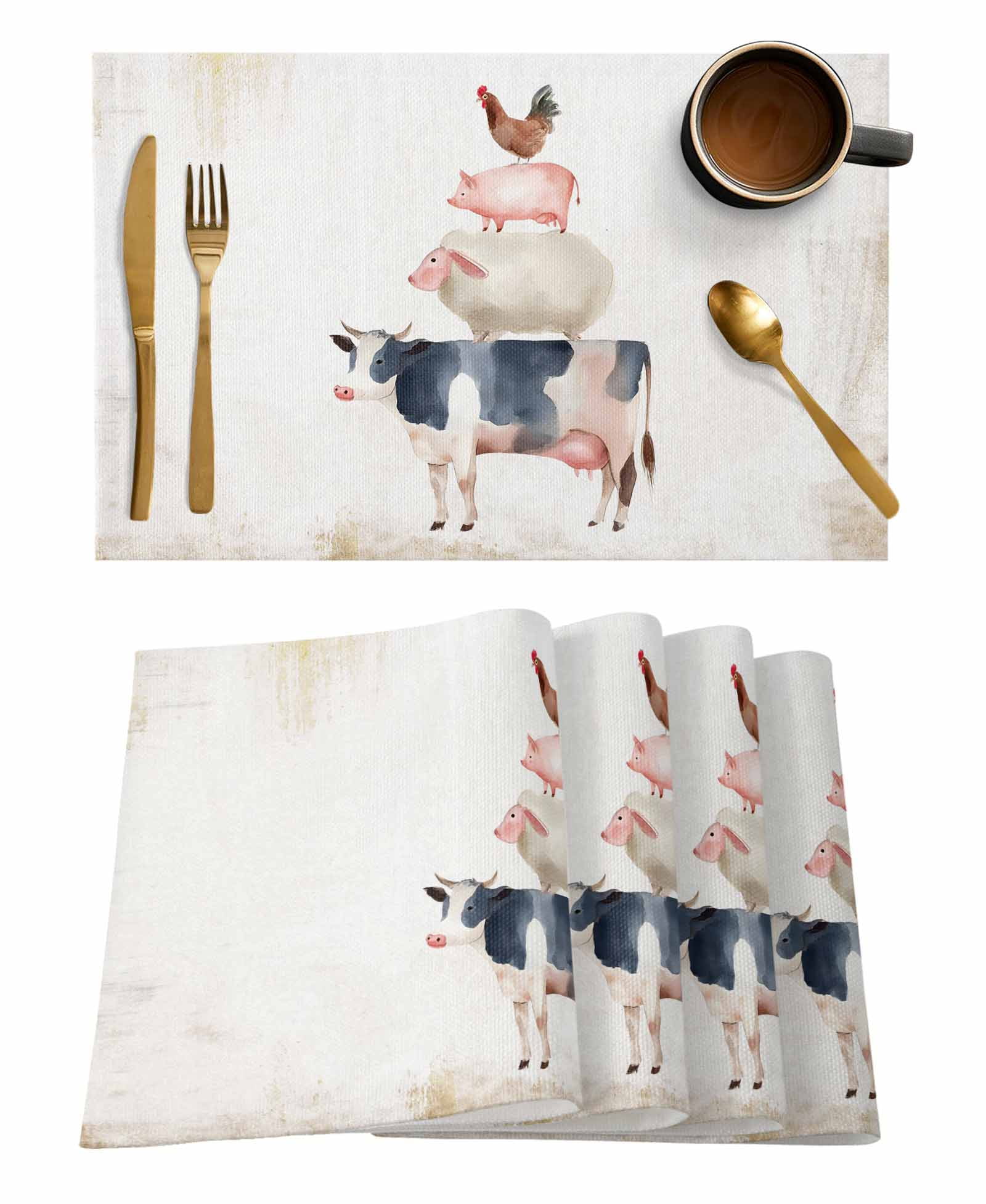 Farm Animal Placemats Set of 8 Cow Pig Sheep Chicken Vintage Heat ...