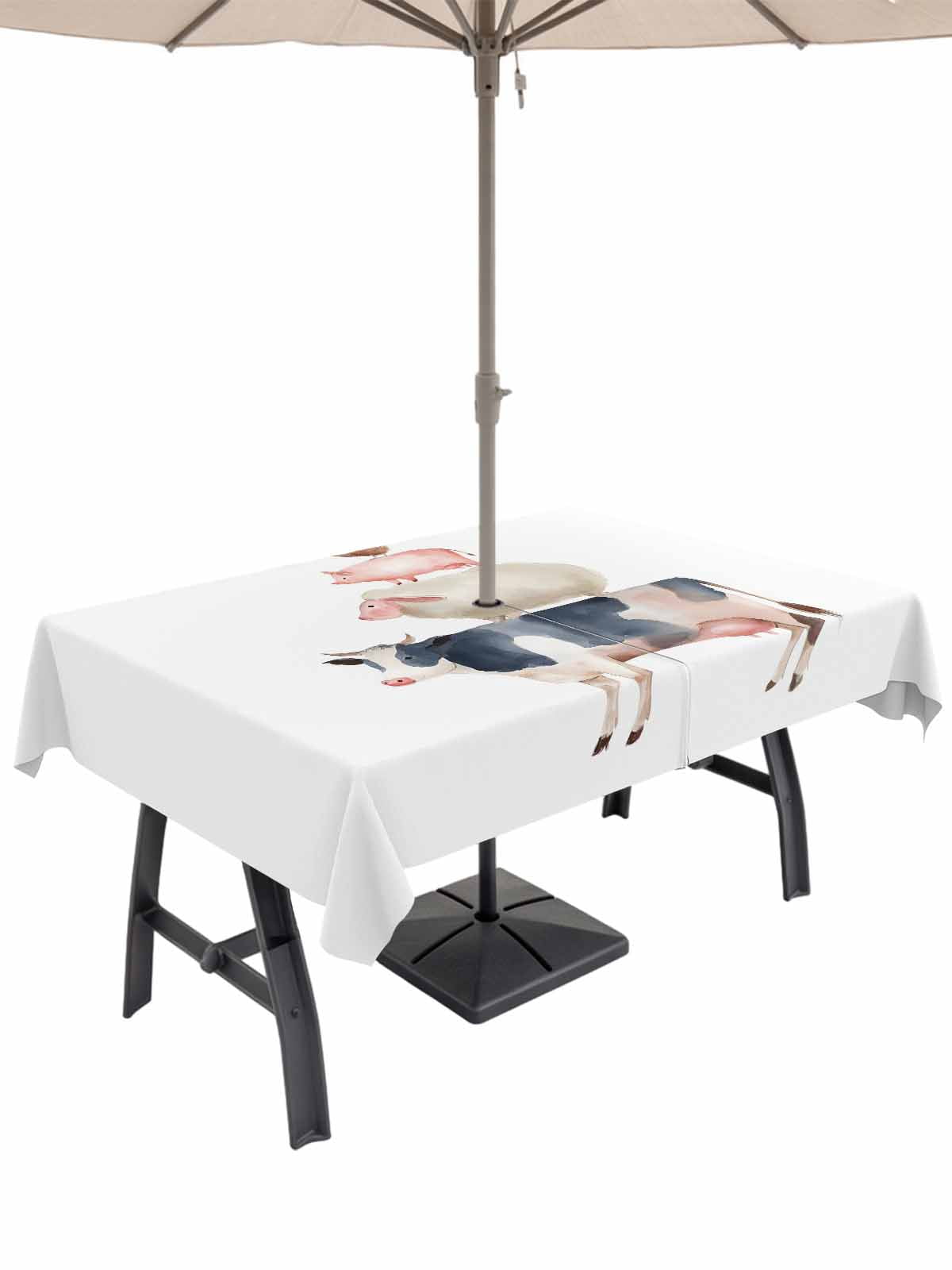 Farm Animal Rectangle Outdoor Tablecloth with Umbrella Hole Cow Pig ...