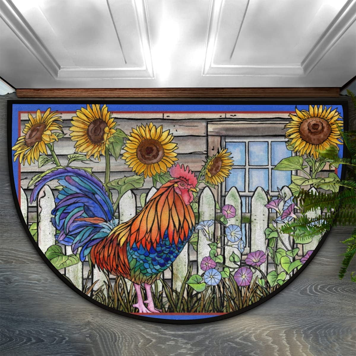 Farm Animal Rooster Autumn Sunflower Half Round Door Mat Half Circle ...