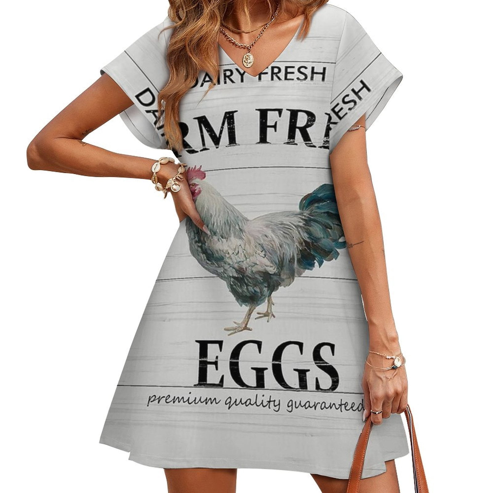 Farm Animal Rooster Rustic Wood Grain Ladies Summer Short Sleeve ...