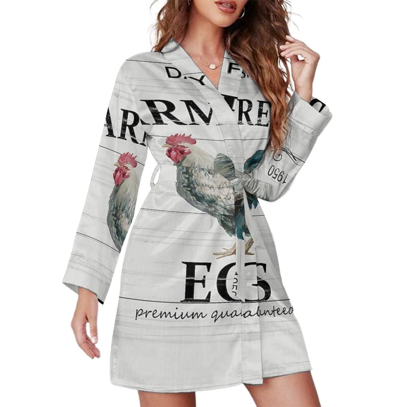 Farm Animal Rooster Rustic Wood Grain Night Robe Long Sleeve V Neck ...