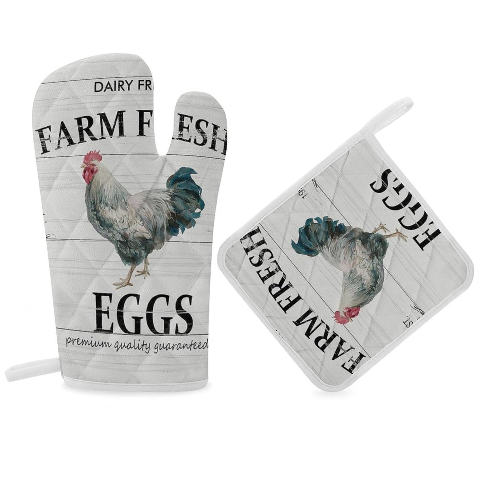 Farm Animal Rooster Rustic Wood Grain Oven Gloves And Pots Stand Set ...