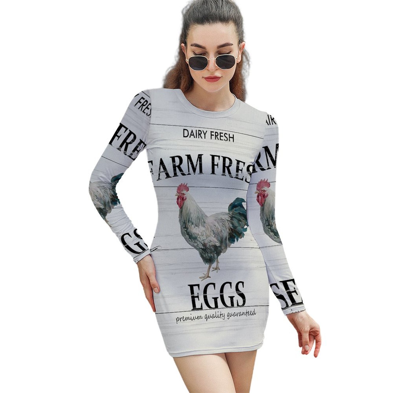Farm Animal Rooster Rustic Wood Grain Women's Long Sleeve Bodycon Dress ...