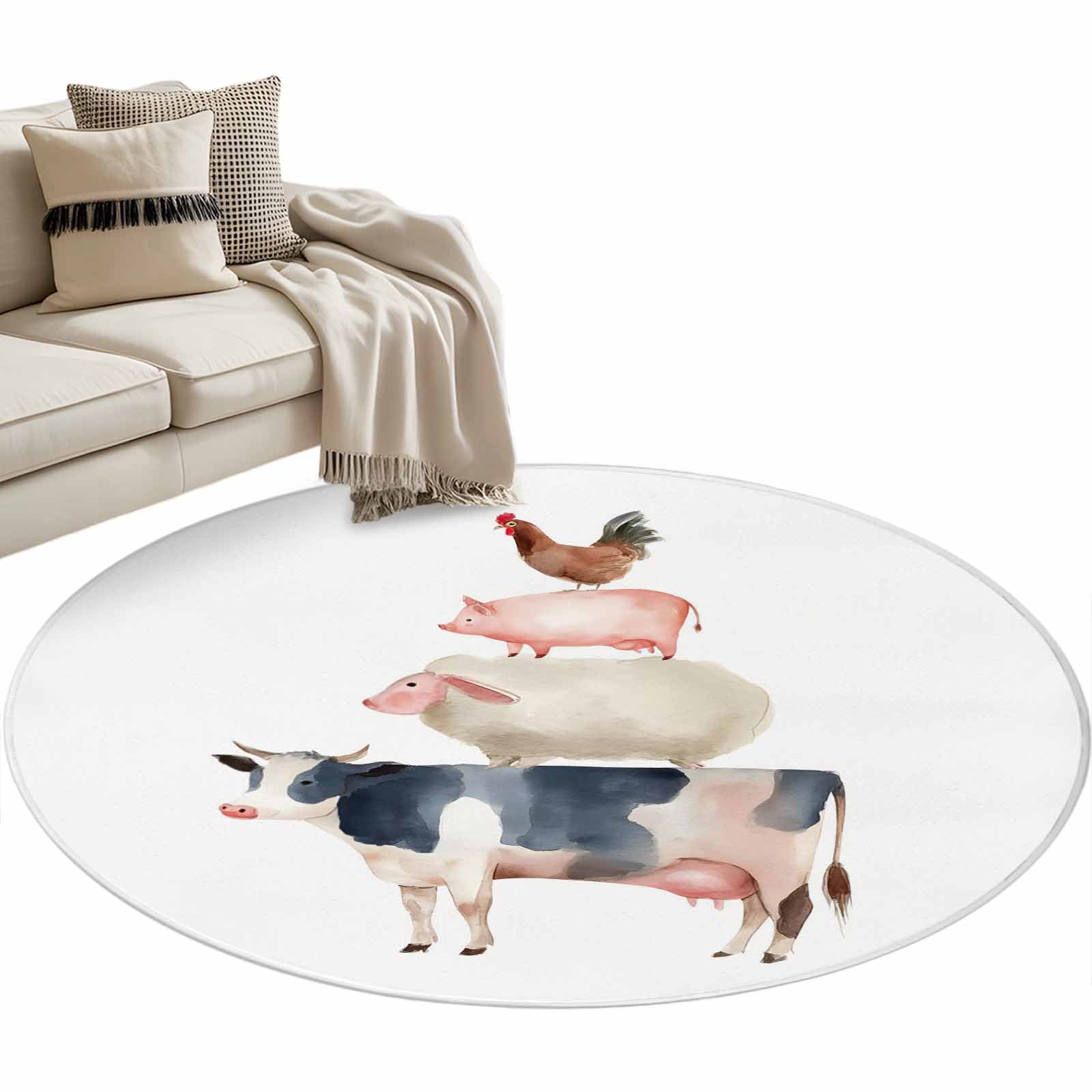 Farm Animal Round Area Rug 4ft Cow Pig Sheep Chicken Non-Slip Washable ...