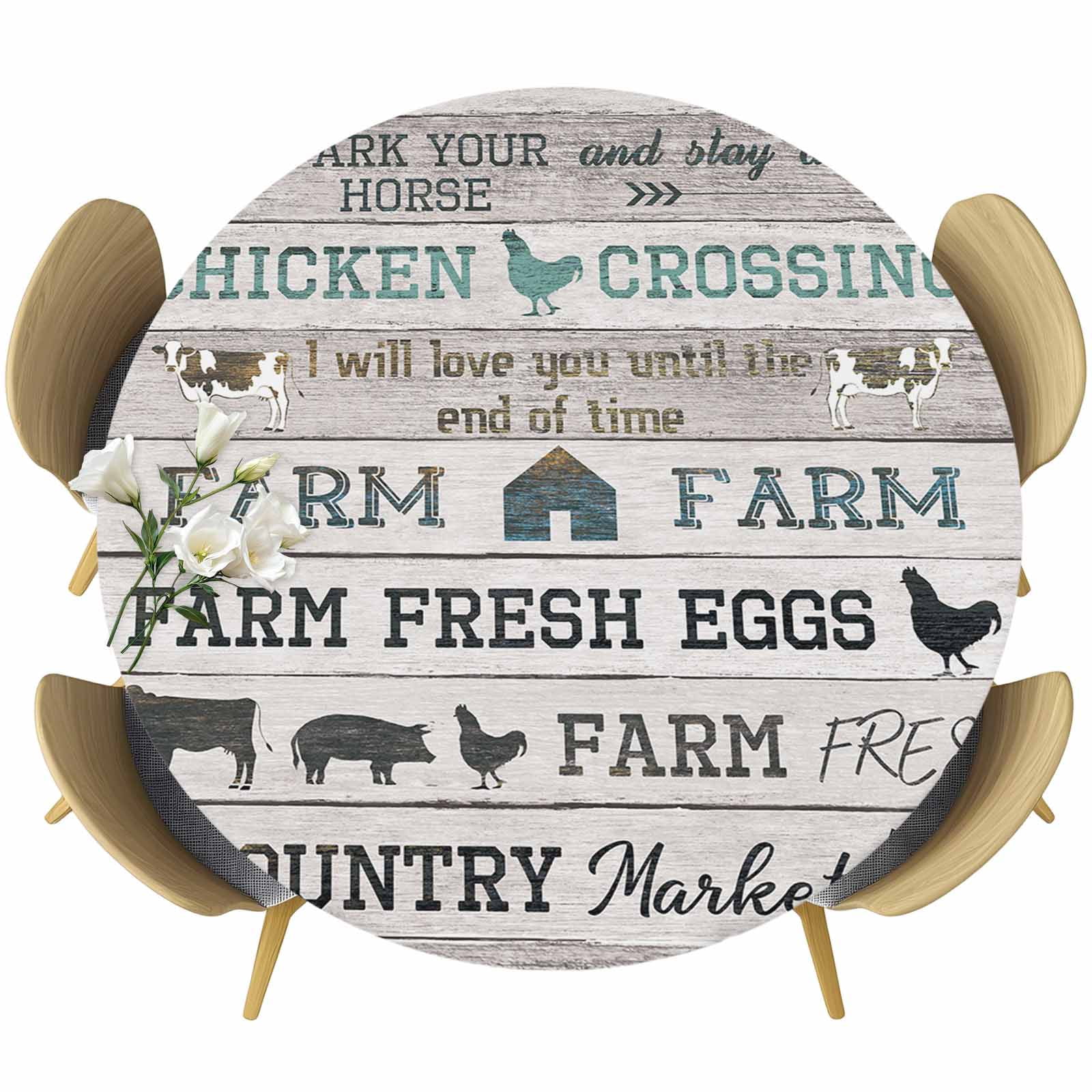 Farm Animal Round Fitted Table Cover Cattle Pig Chicken Retro Wood ...