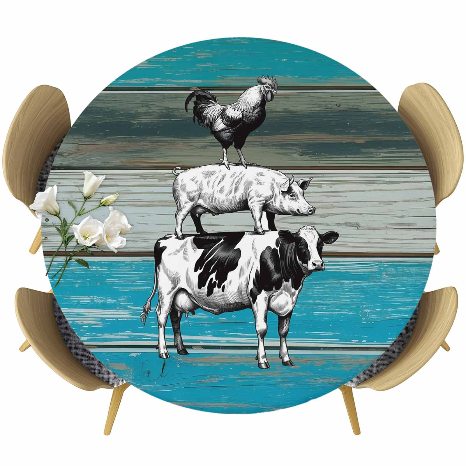Farm Animal Round Fitted Tablecloth with Elastic Edge, Chicken Pig Cow ...