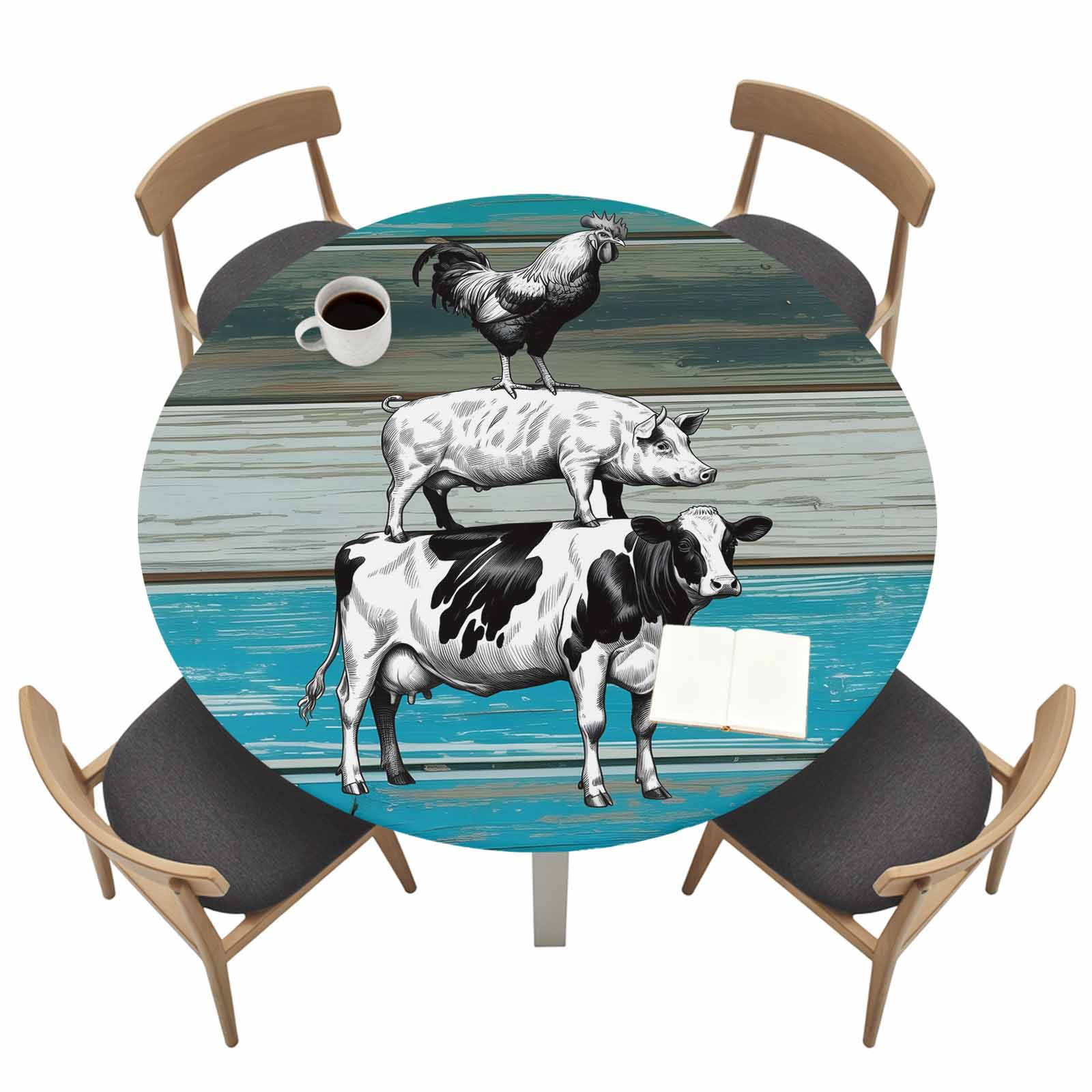 Farm Animal Round Fitted Tablecloth with Elastic Edge Chicken Pig Cow ...