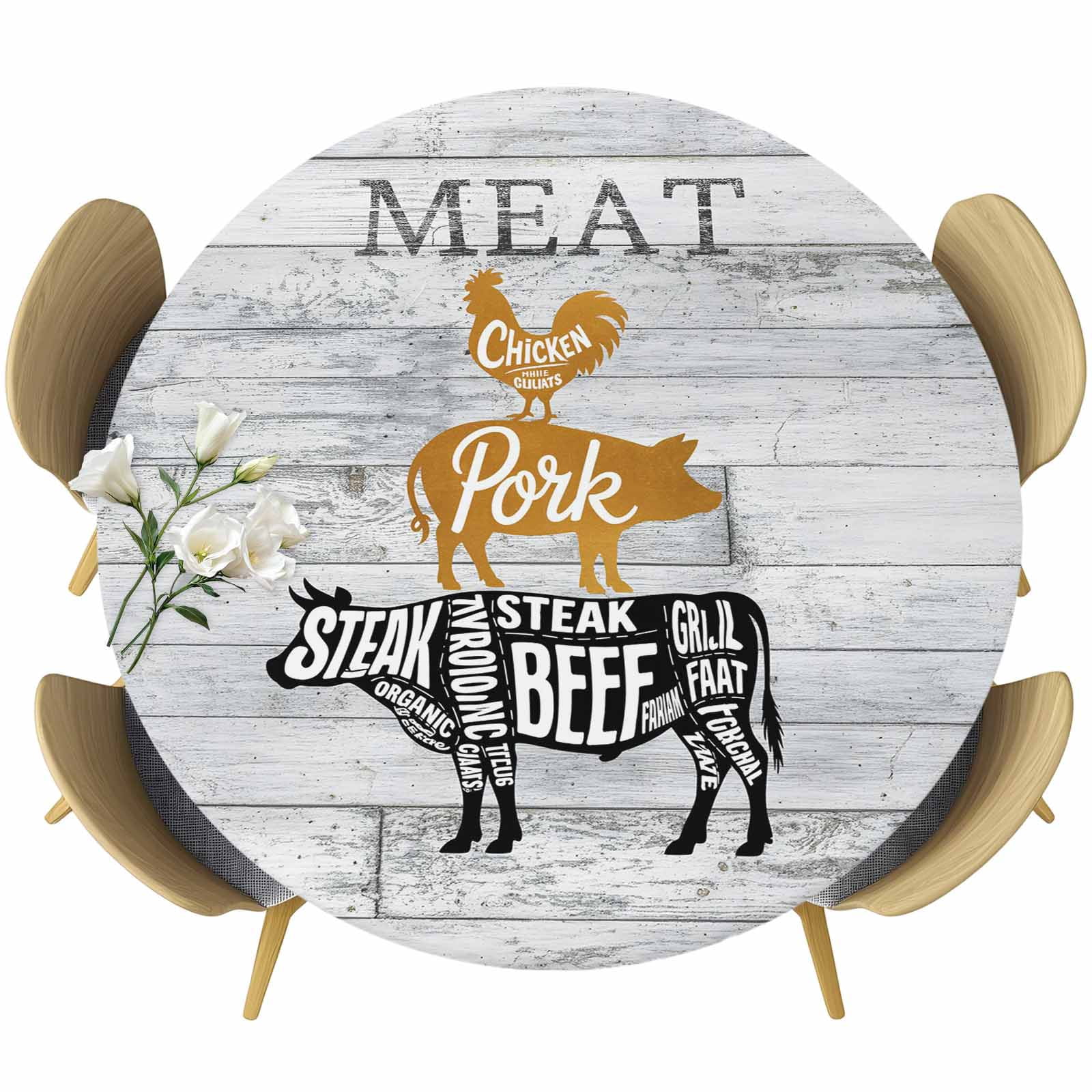 Farm Animal Round Fitted Tablecloth with Elastic Edge, Chicken Pig Cow ...