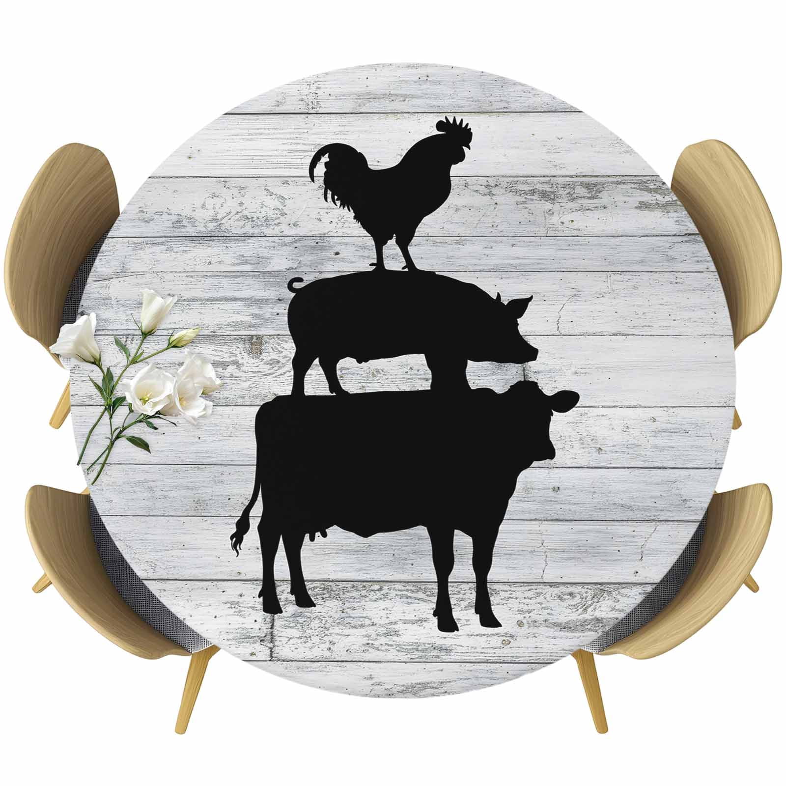 Farm Animal Round Fitted Tablecloth with Elastic Edge, Chicken Pig Cow ...