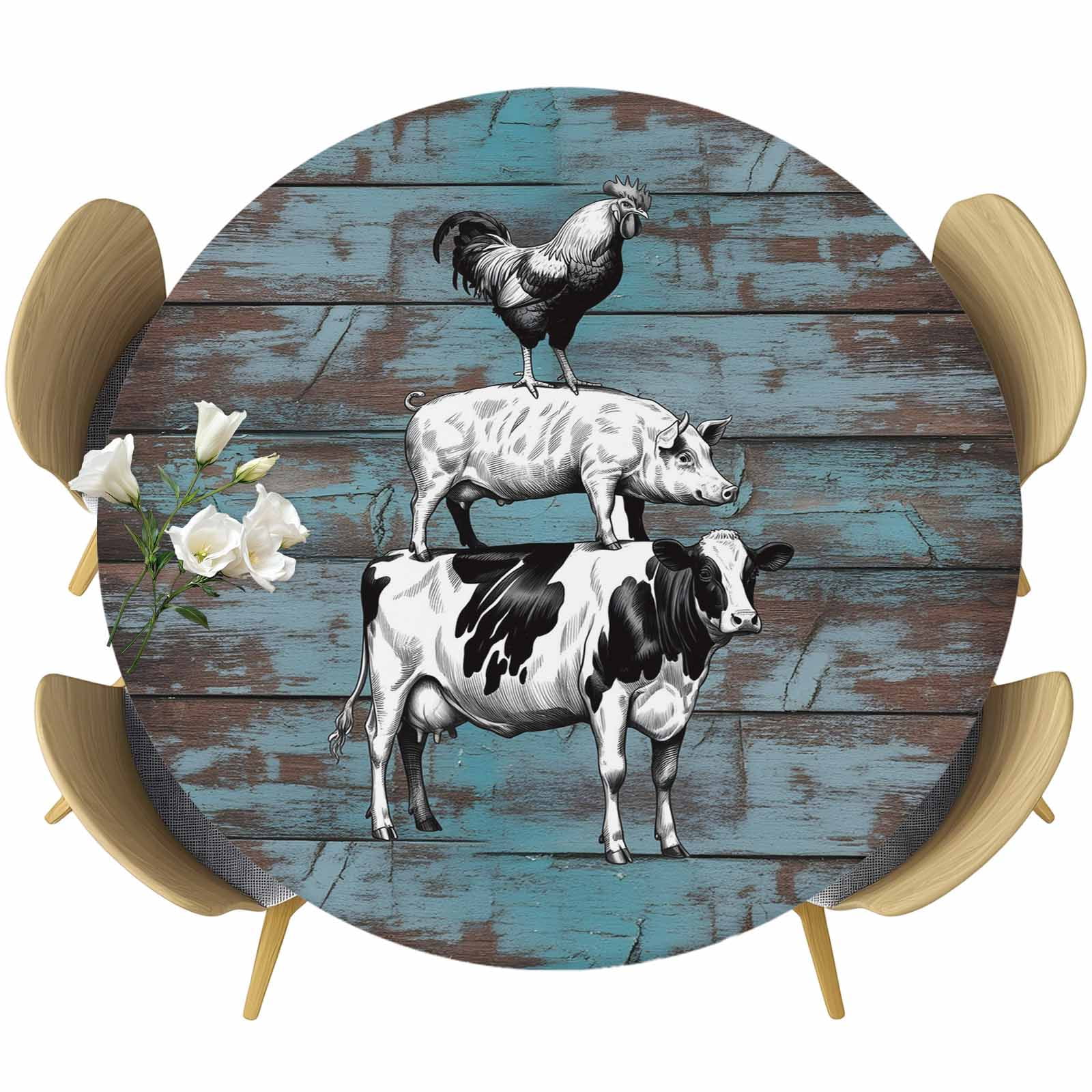 Farm Animal Round Fitted Tablecloth with Elastic Edge, Chicken Pig Cow ...