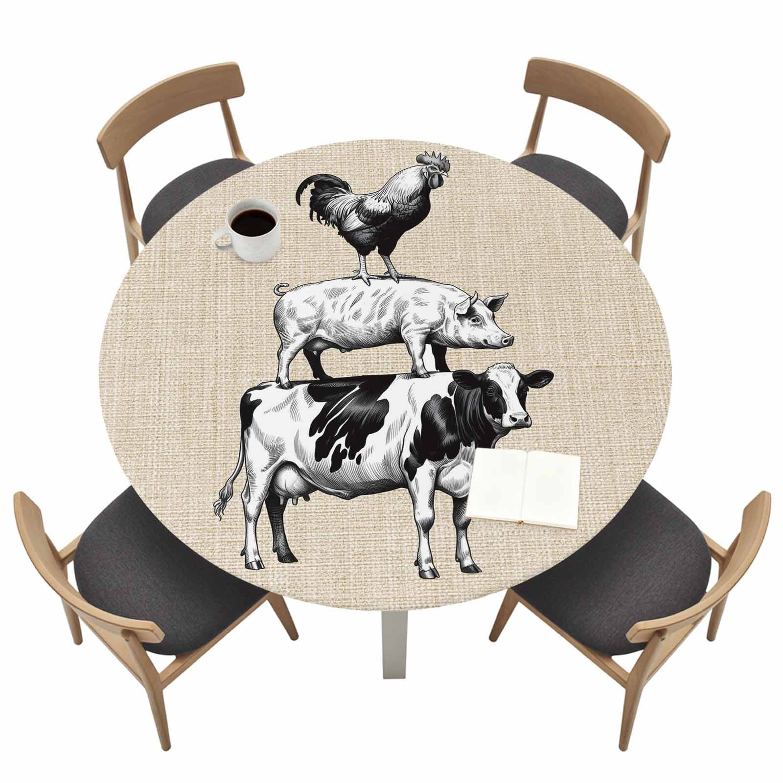 Farm Animal Round Fitted Tablecloth with Elastic Edge Chicken Pig Cow ...
