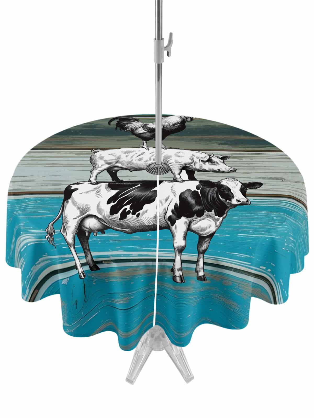 Farm Animal Round Outdoor Tablecloth with Umbrella Hole Chicken Pig Cow ...