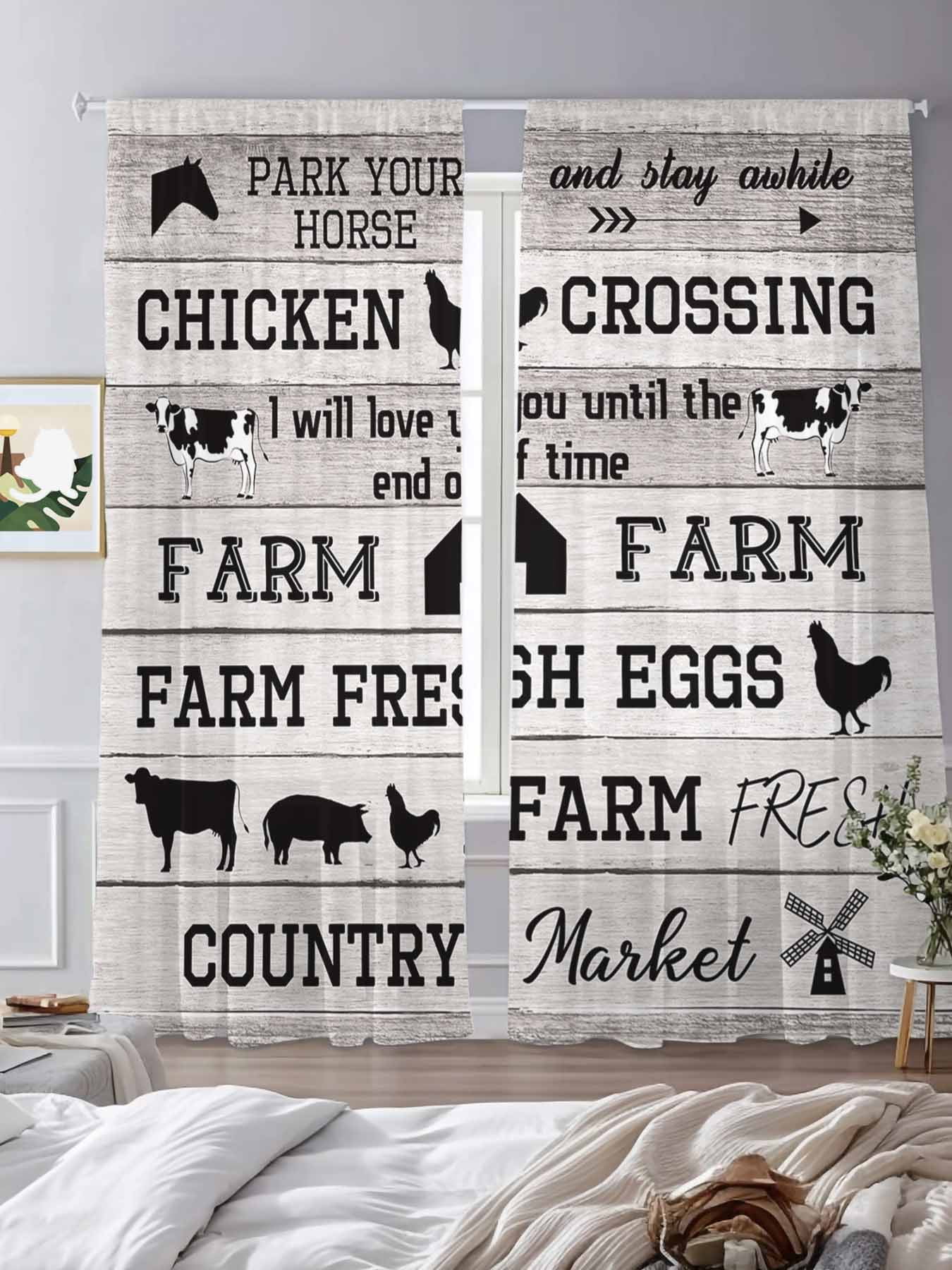 Farm Animal Sheer Curtains 108 inches Long 2 Panels Set Cattle Pig ...