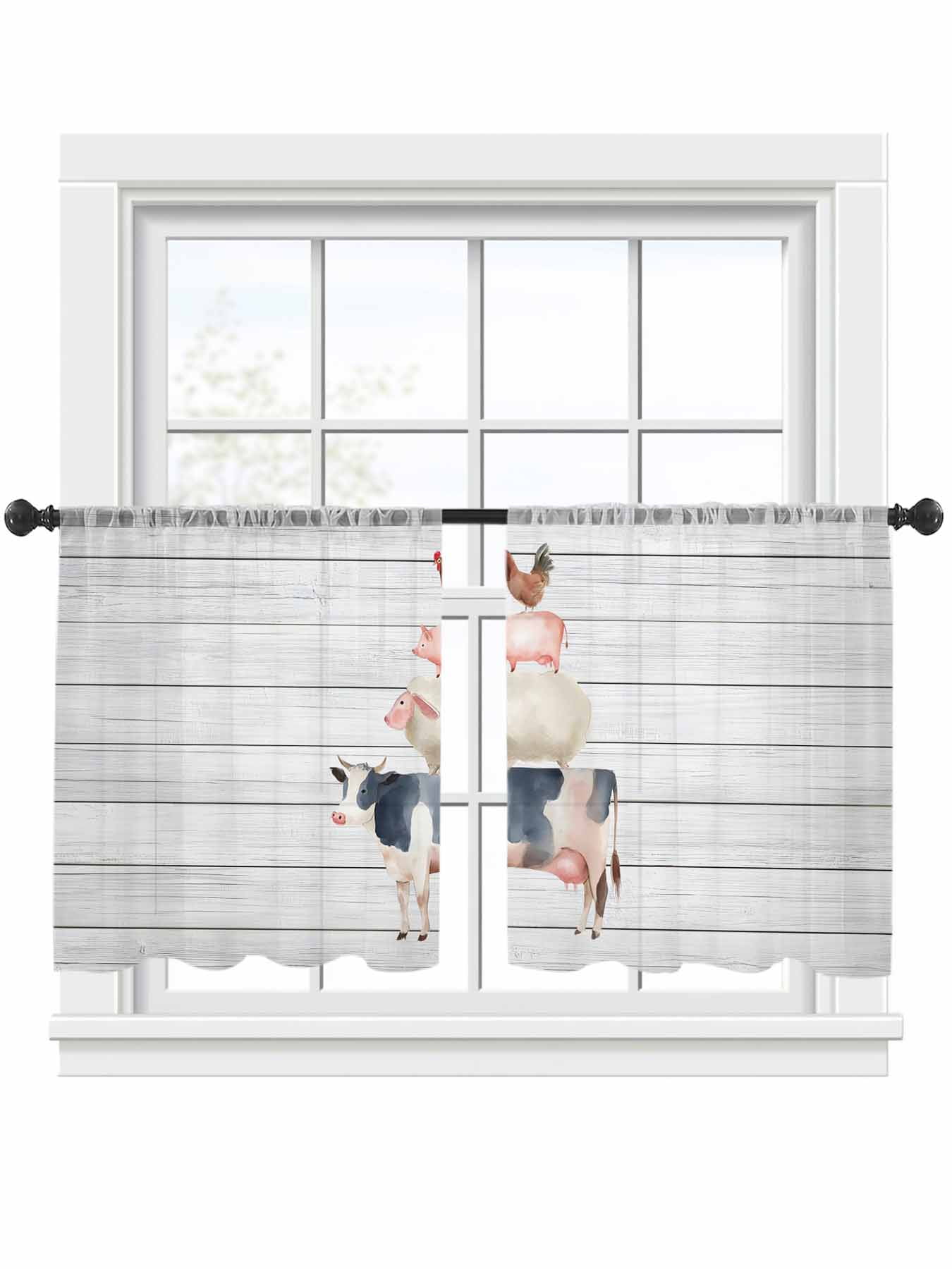 Farm Animal Sheer Curtains 45 Inch Long 2 Panels, Cow Pig Sheep Chicken ...