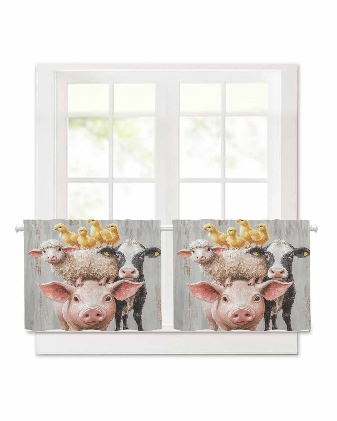 Farm Animal Short Blackout Curtains 30 Inch Long Pig Sheep Cow Chicken ...
