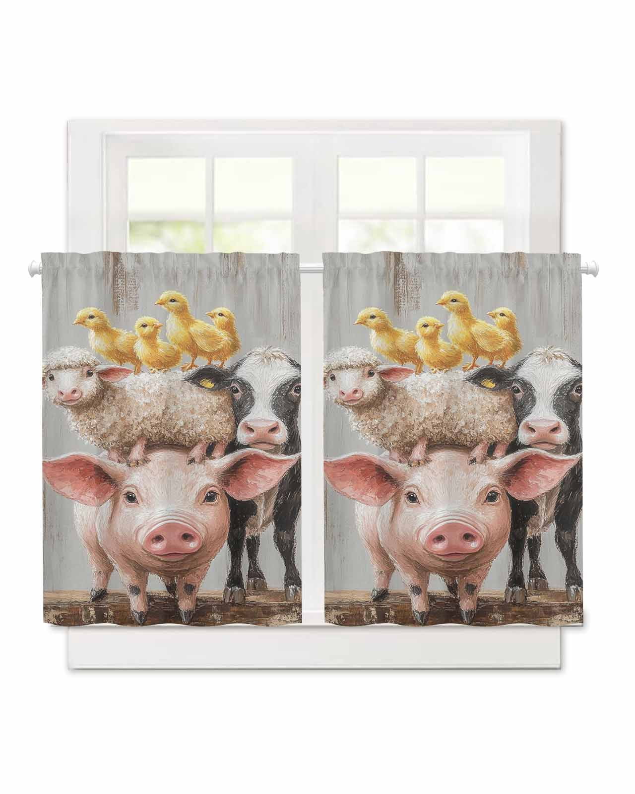 Farm Animal Short Blackout Curtains 45 Inch Long Pig Sheep Cow Chicken ...