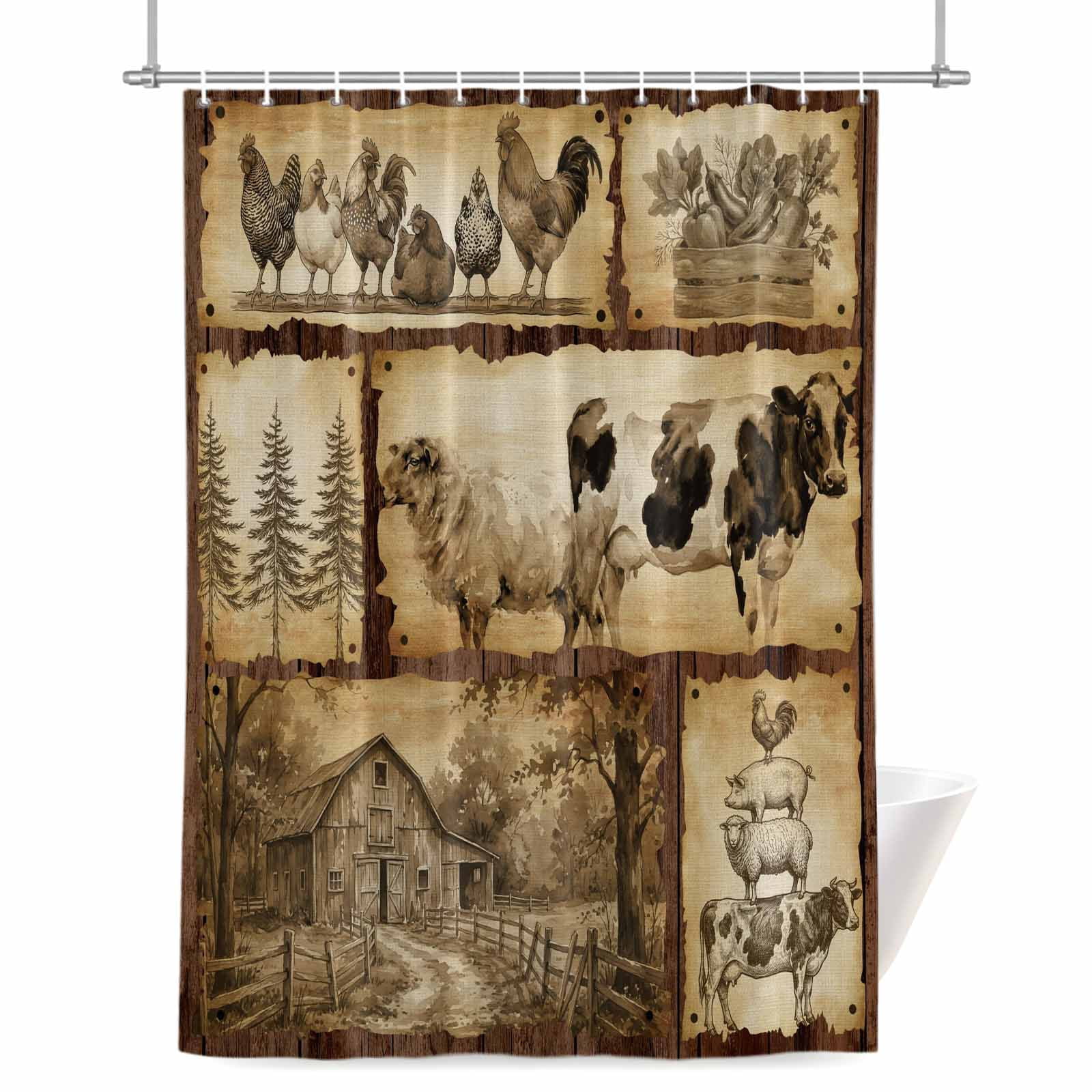 Farm Animal Shower Curtain, 72" x 72", Retro Chicken Cow Sheep Pig Pine ...