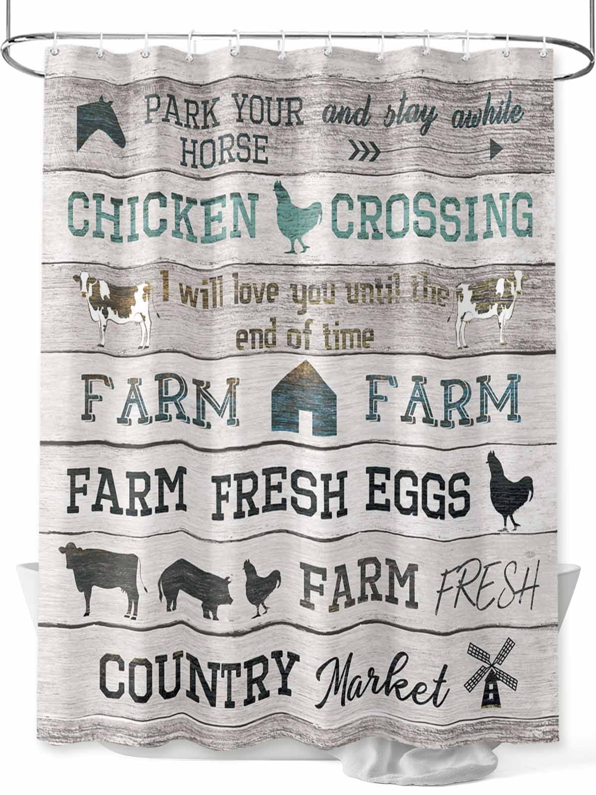 Farm Animal Shower Curtain, Cattle Pig Chicken Retro Wood Texture ...