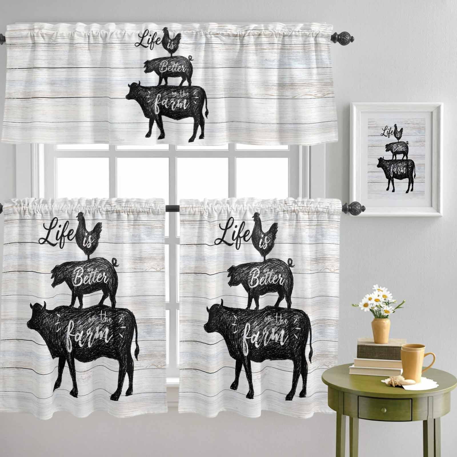 Farm Animal Silhouette Wood Grain Curtain Tier and Valance Set 3 Piece ...