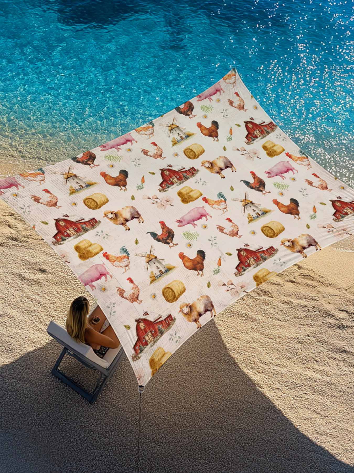 Farm Animal Sun Shade Sail 12' x 16', Farmhouse Red Barn Sheep Pigs ...