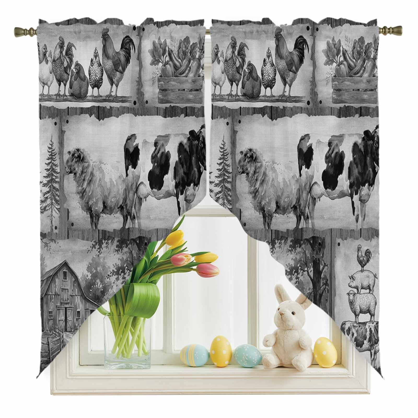 Farm Animal Swag Kitchen Curtain Valances, Grey Chicken Cow Sheep Pig ...