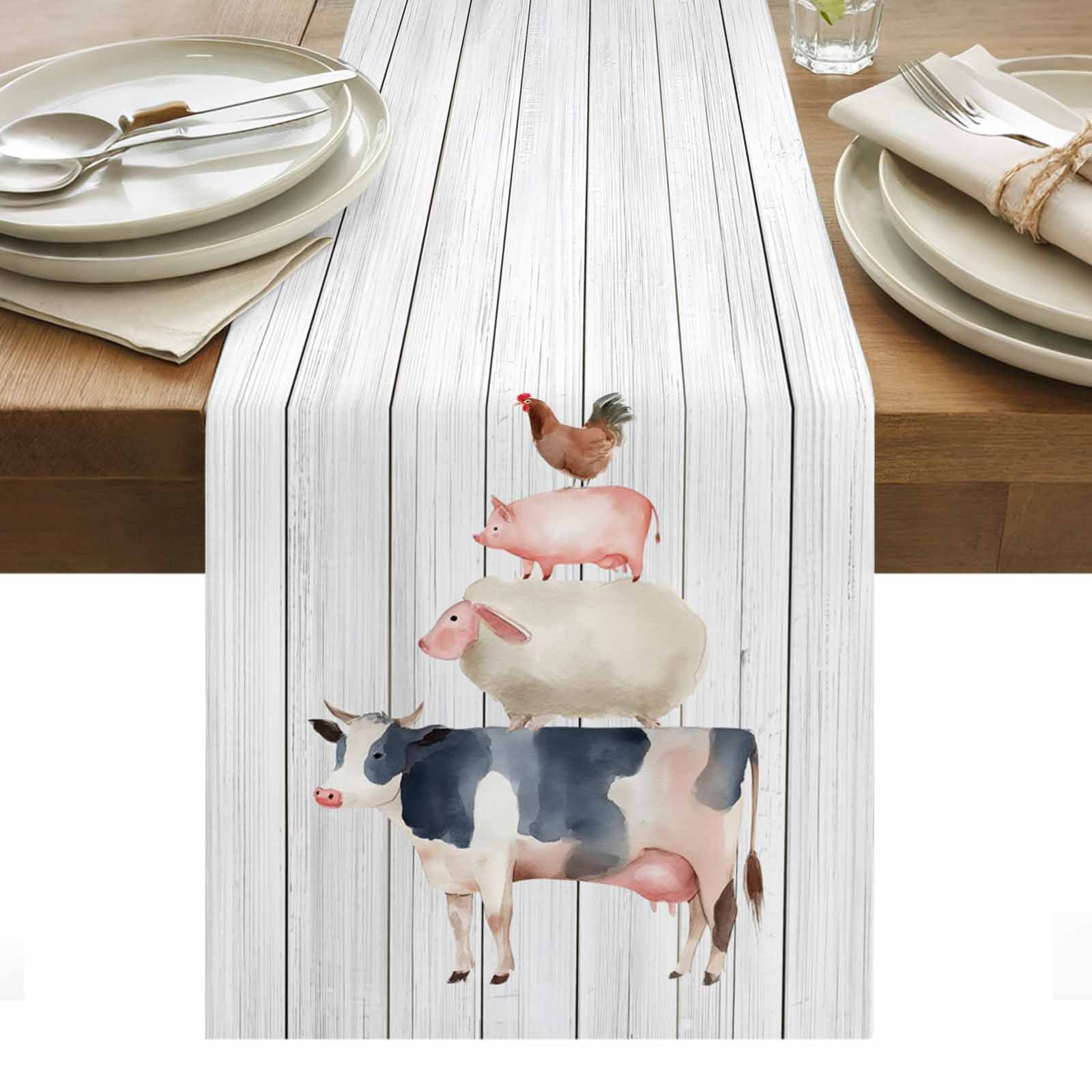 Farm Animal Table Runner 13 x 108 Inch, Cow Pig Sheep Chicken Wood ...